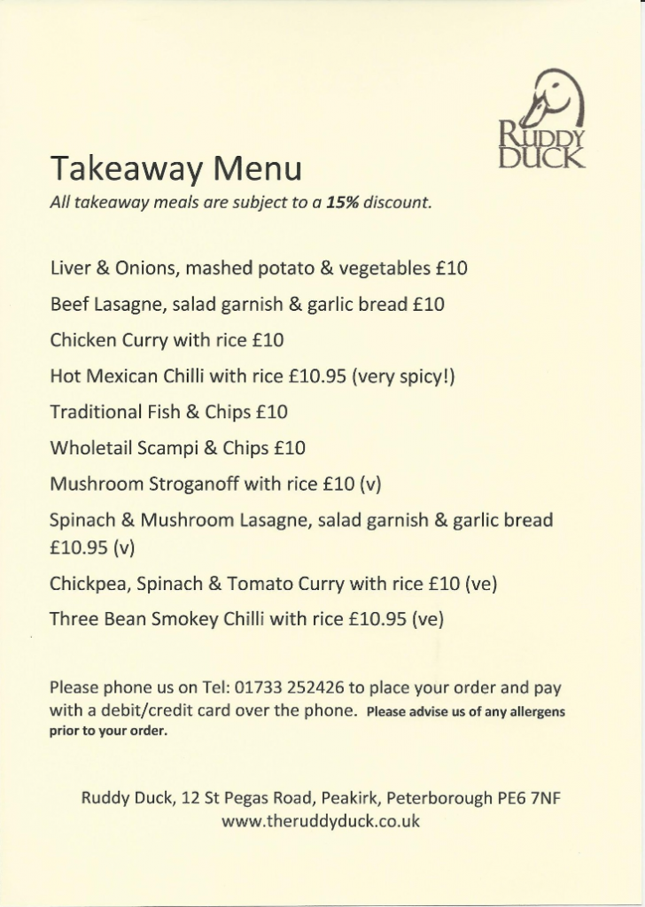 Ruddy Duck – still open for takeaway – Peakirk Village